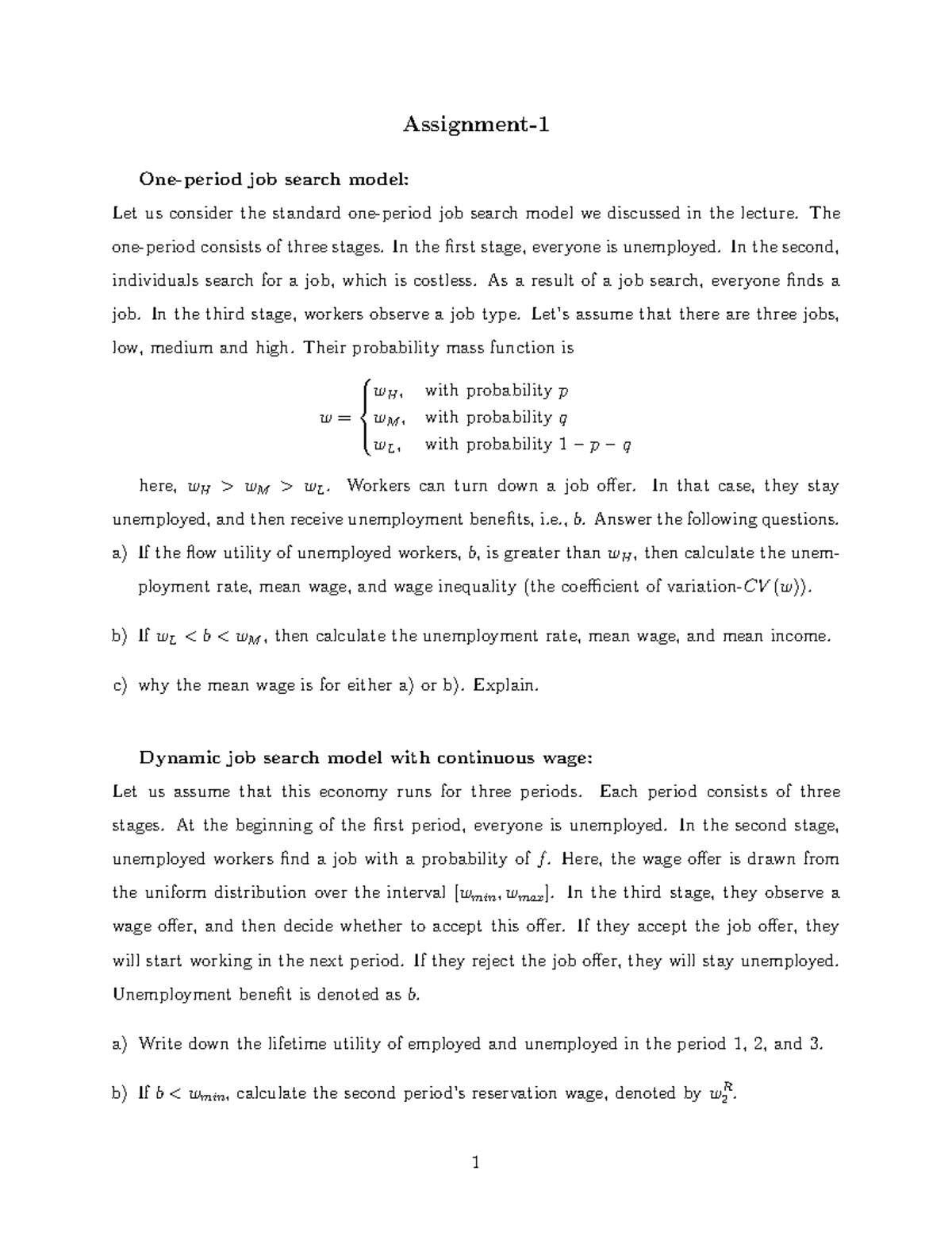 Assignment 1 ECON 483 - Assignment- One-period job search model: Let us ...