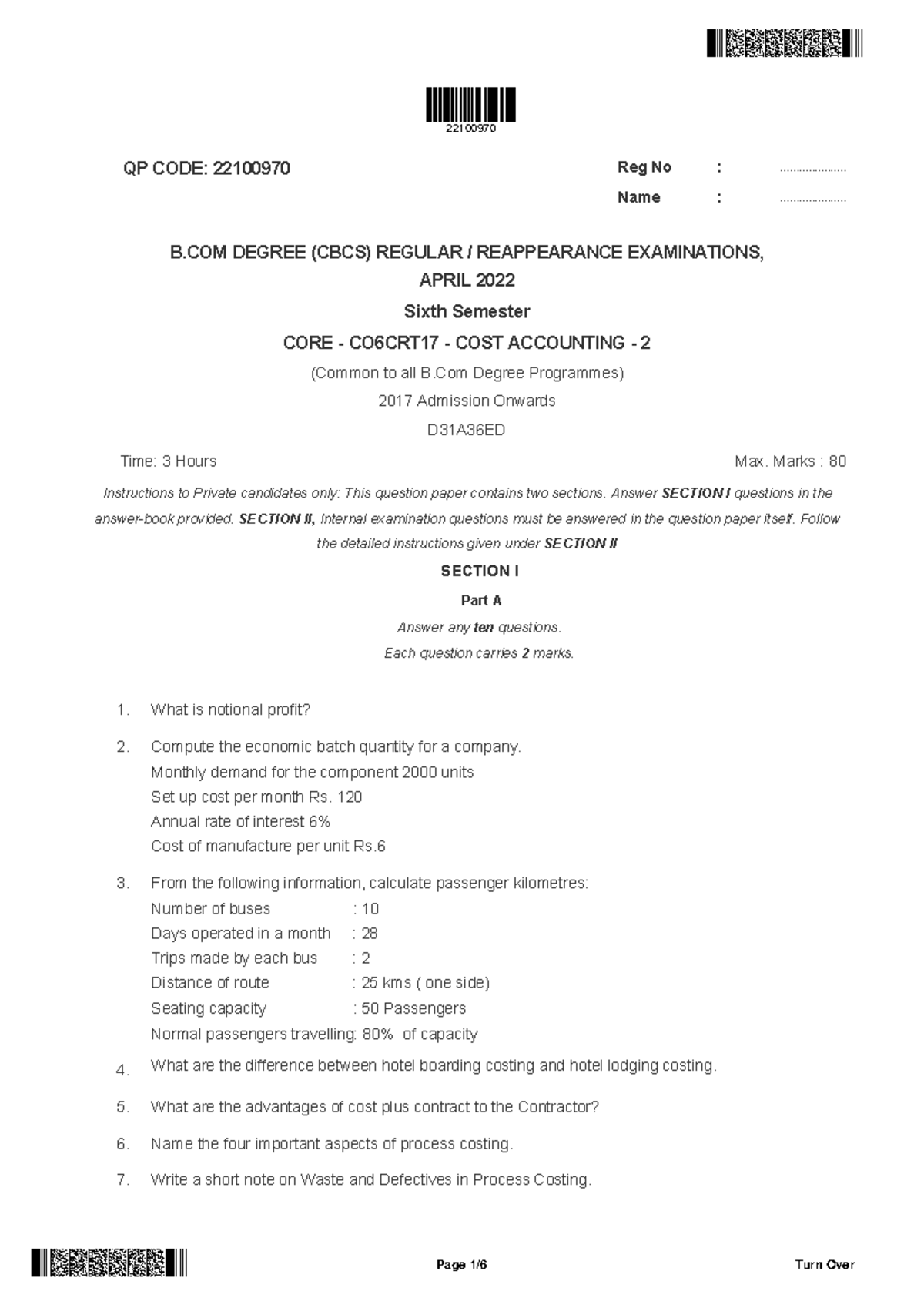 COST Accounting - 2 April 2022 - QP CODE: 22100970 Reg No : ..................... Name : - Studocu