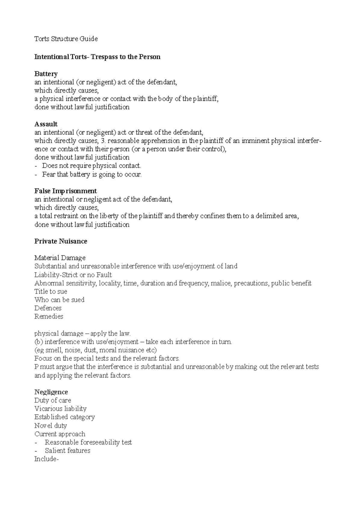 Torts structure guide - Torts Structure Guide Intentional Torts ...