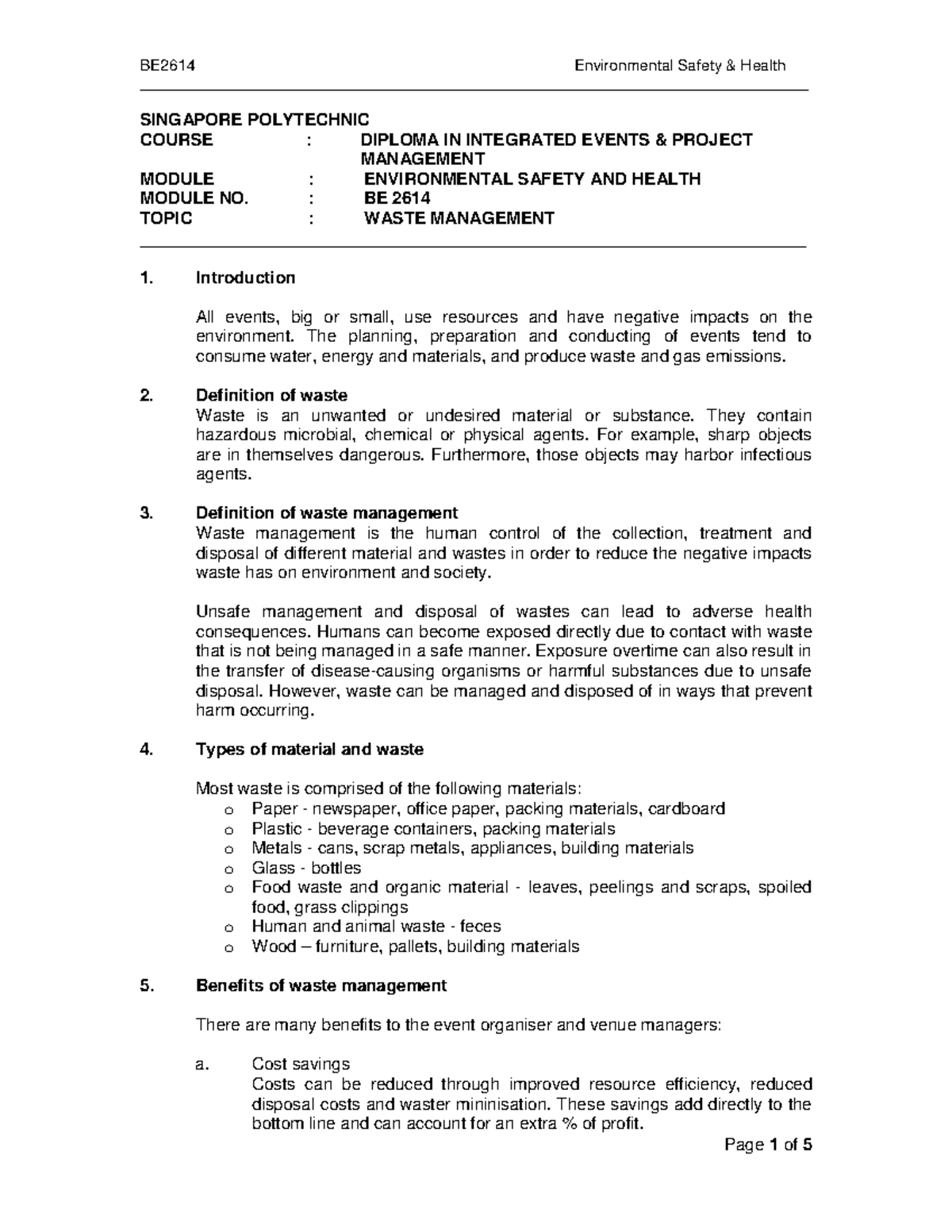 Waste mgt - SINGAPORE POLYTECHNIC COURSE : DIPLOMA IN INTEGRATED EVENTS ...