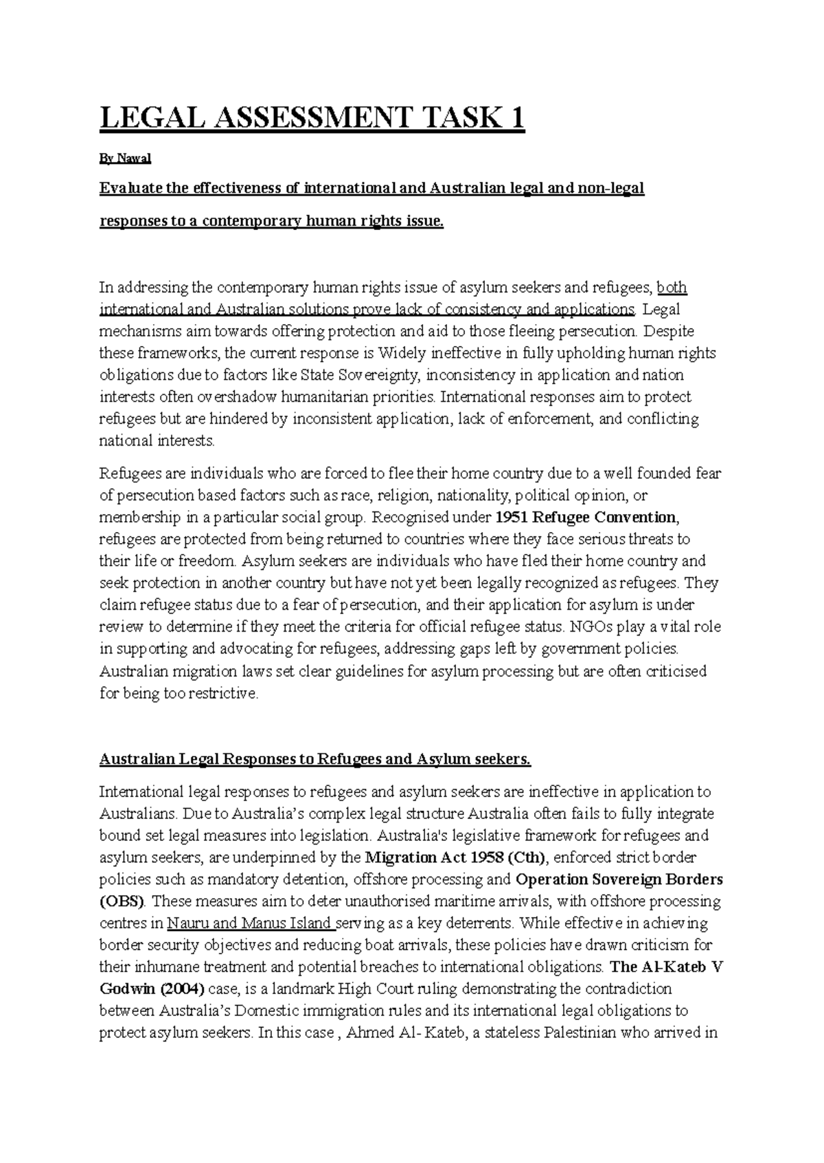 Legal Assessment TASK 1 - LEGAL ASSESSMENT TASK 1 By Nawal Evaluate the ...