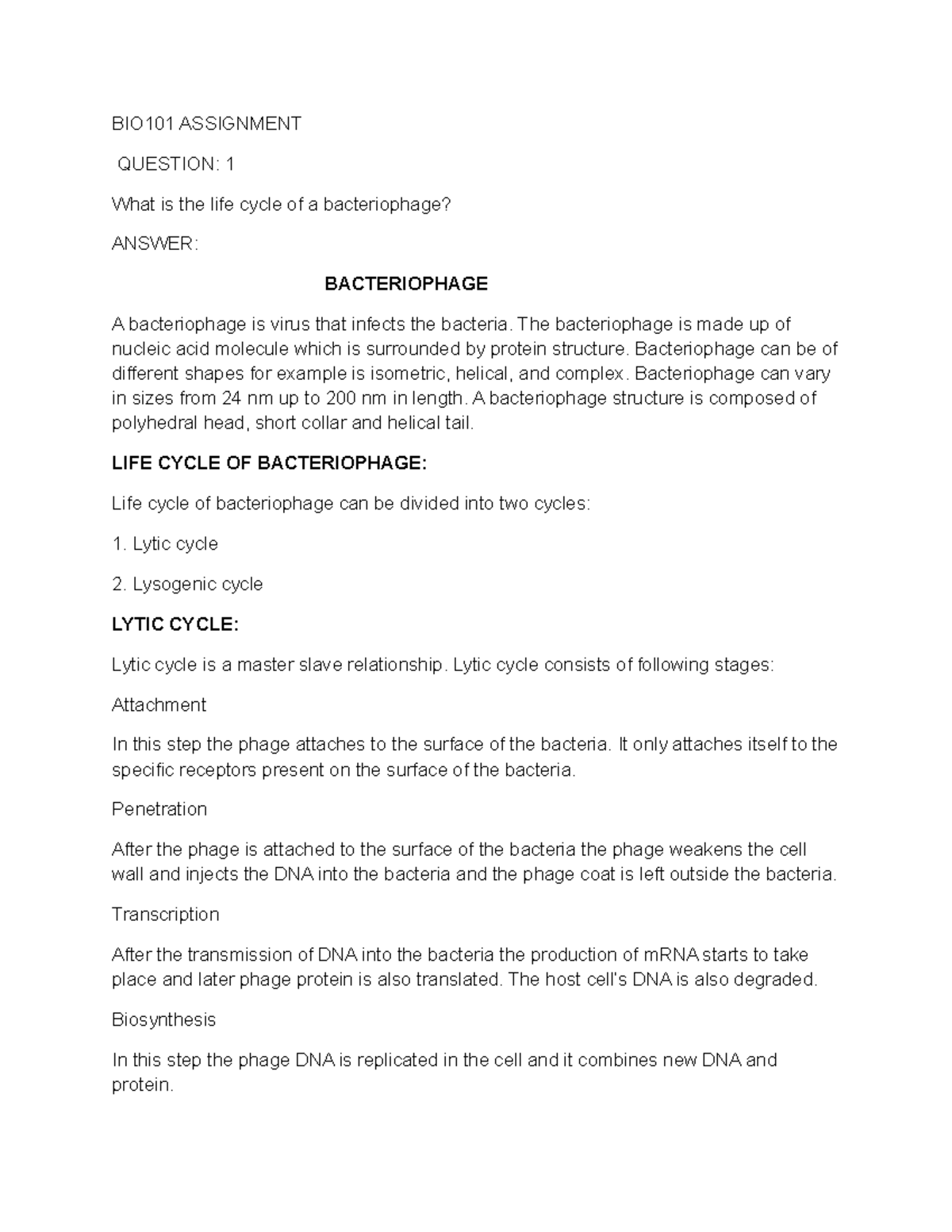 BIO101 Assignment 2 - BIO101 ASSIGNMENT QUESTION: 1 What is the life ...