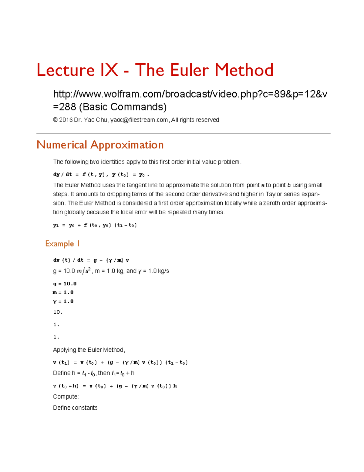 Lecture 9 - The Euler Method - Lecture IX - The Euler Method - Studocu