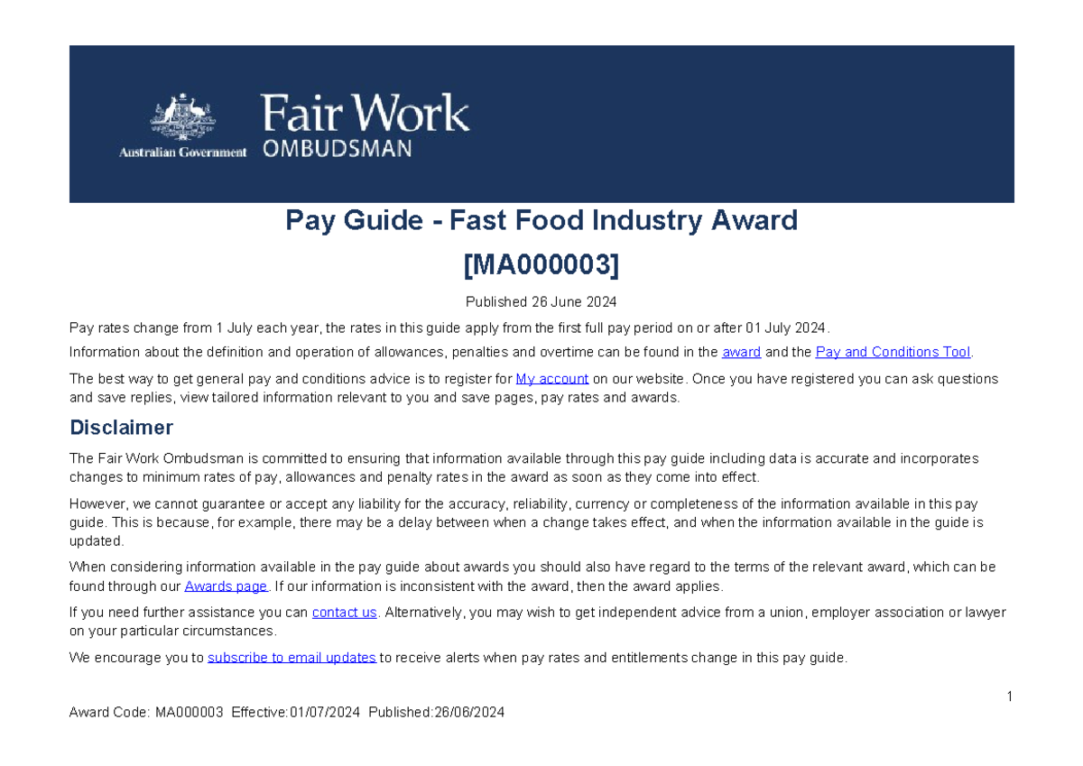 Payguides MA000003 - 1 July 2024 - Pay Guide - Fast Food Industry Award ...