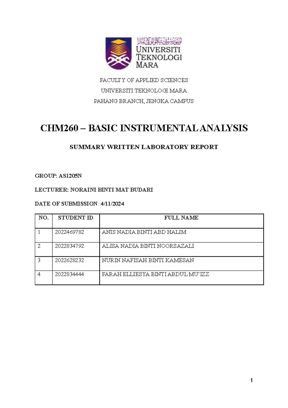 CHM260 EXP 2 LAB Report - FACULTY OF APPLIED SCIENCES UNIVERSITI ...