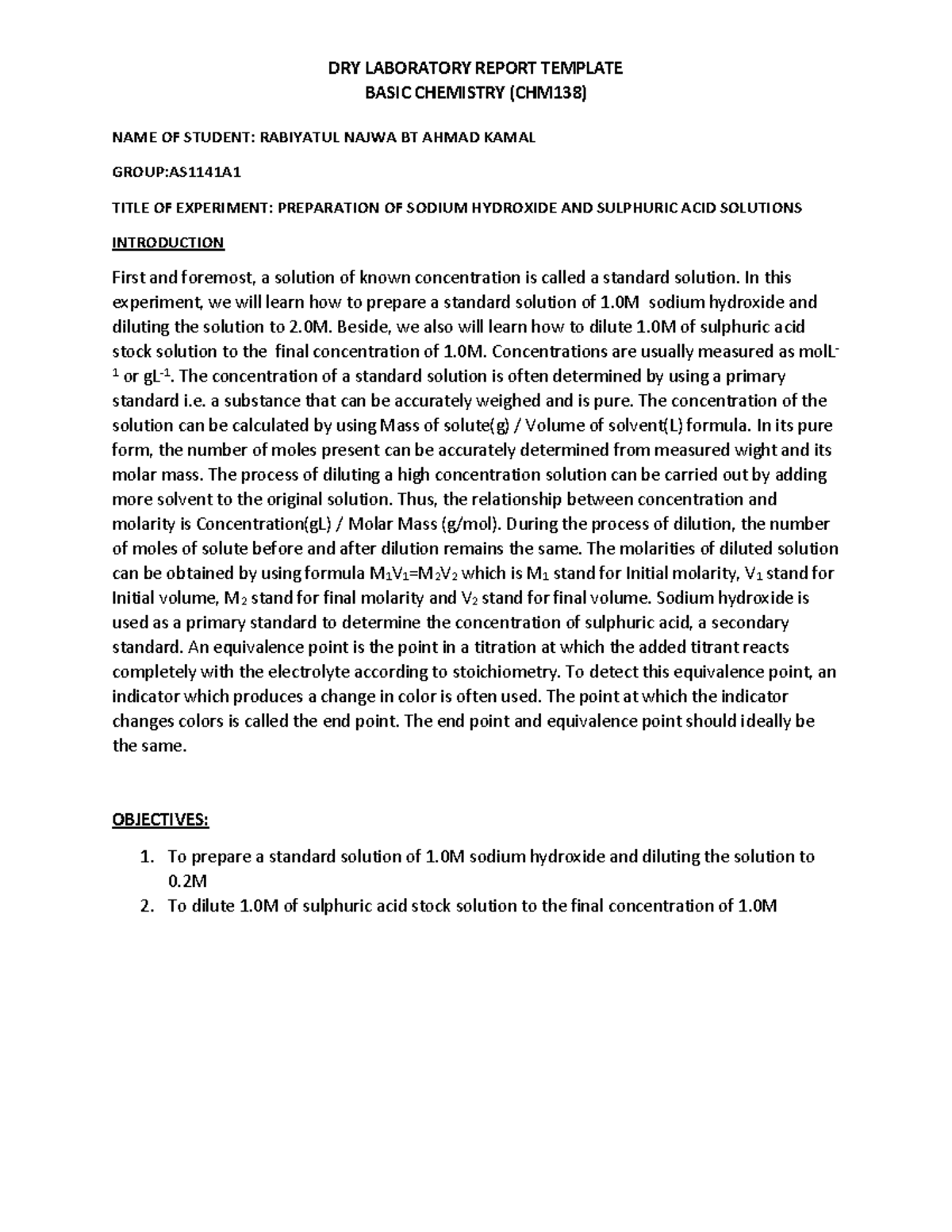 Dry lab report experiment 4 - BASIC CHEMISTRY (CHM138) NAME OF STUDENT ...