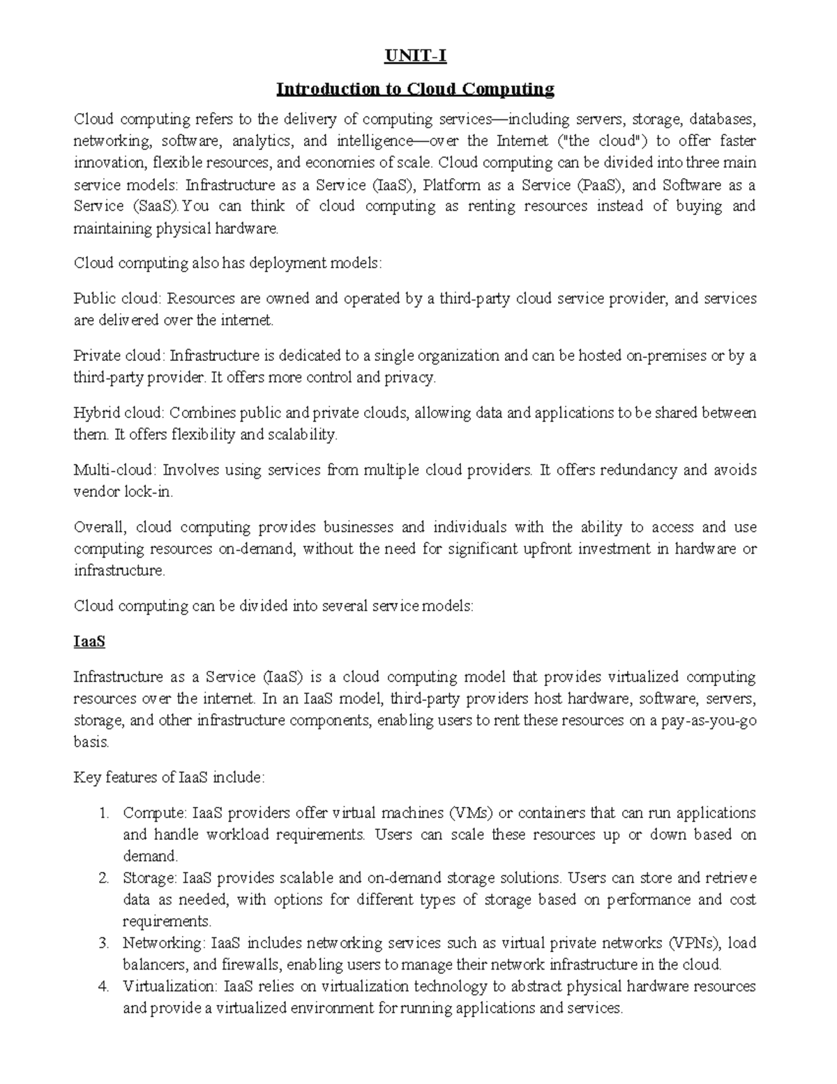 UNIT-I CC - important notes - UNIT-I Introduction to Cloud Computing ...