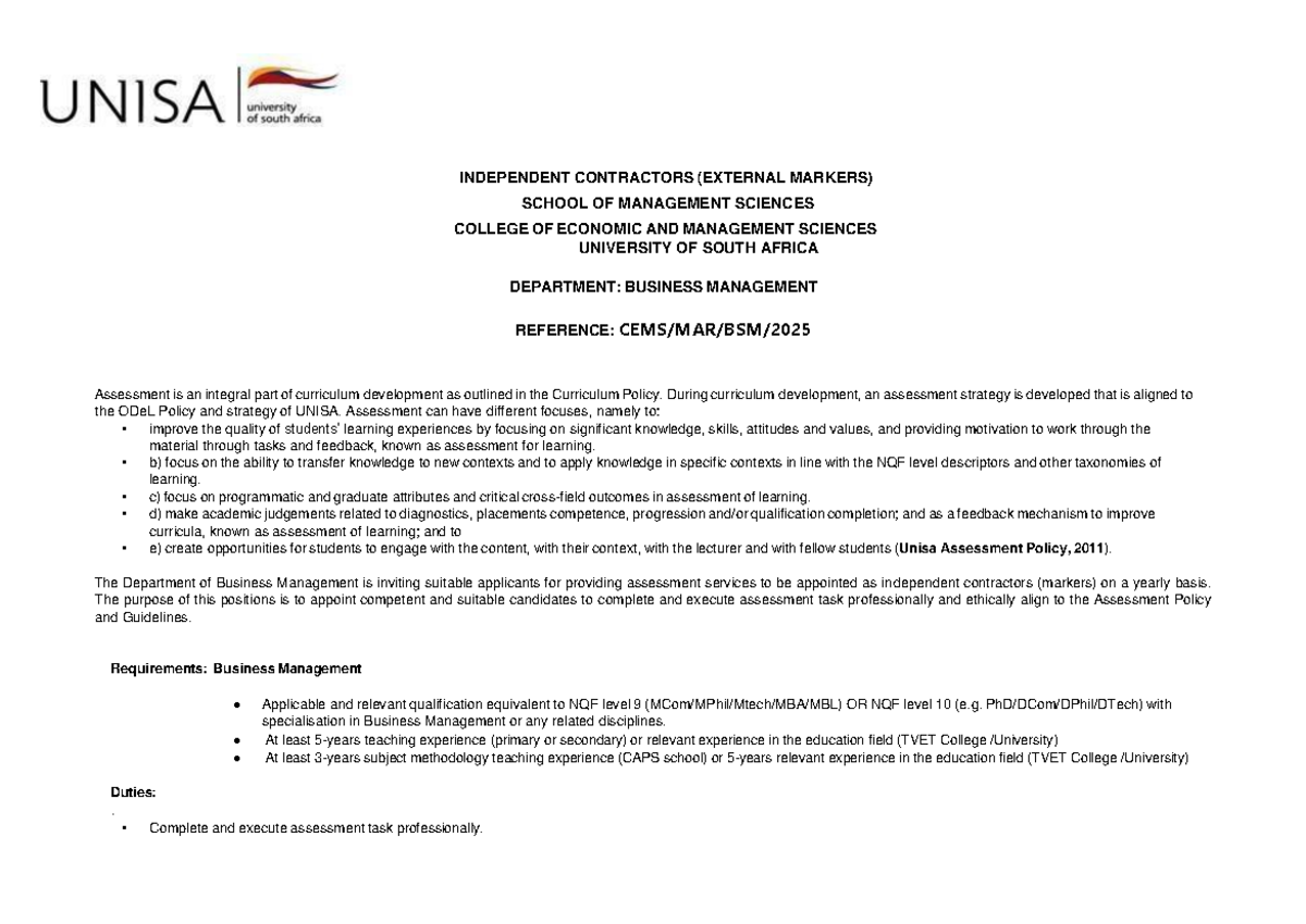 BSM Advert - Better equip students with practice - INDEPENDENT CONTRACTORS (EXTERNAL MARKERS ...