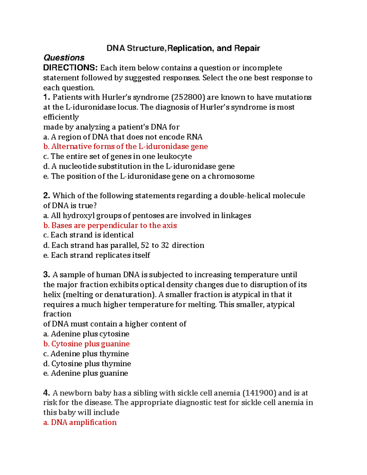 Genetics Questions - DNA Structure,Replication, and Repair Questions ...