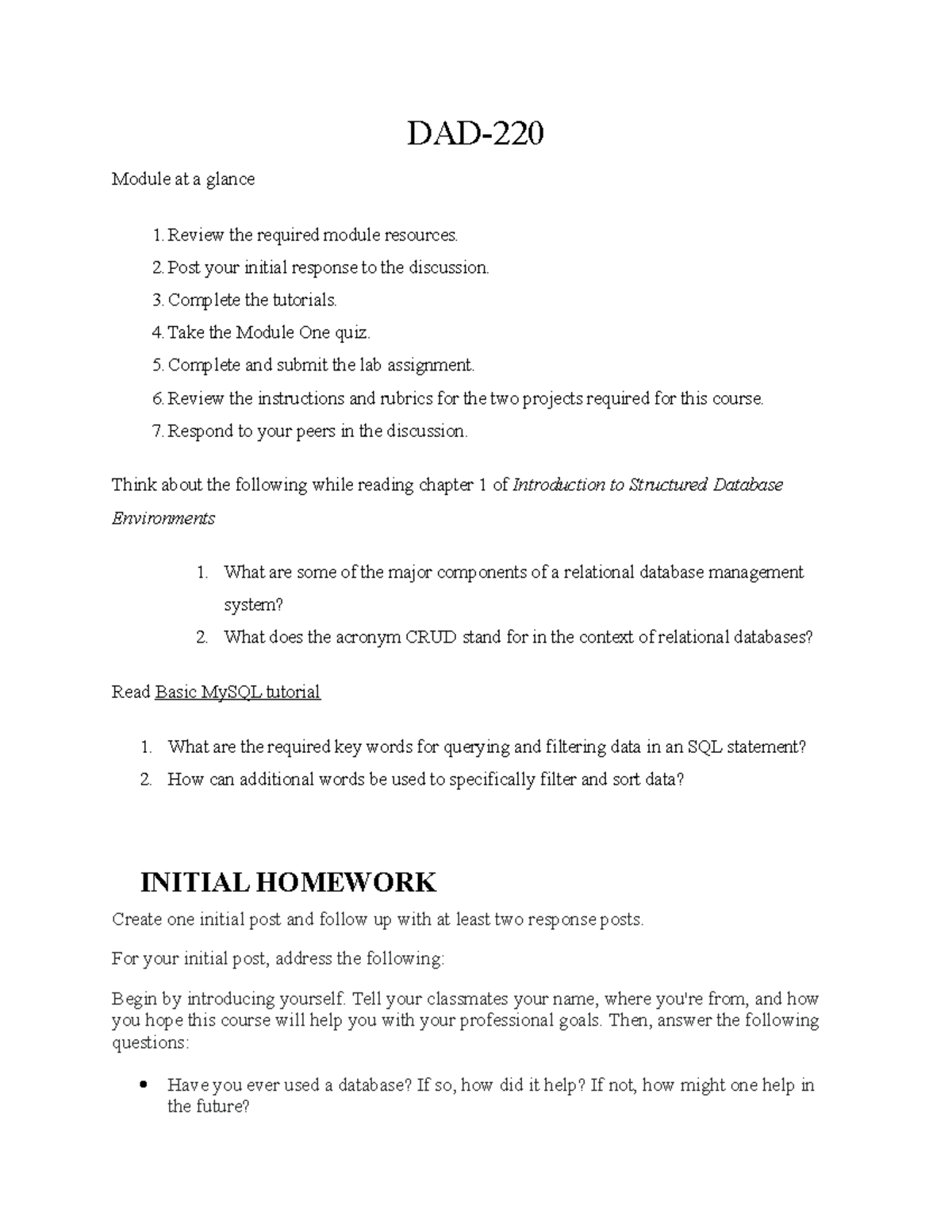 Module 1 Notes - DAD- Module at a glance 1. Review the required module ...