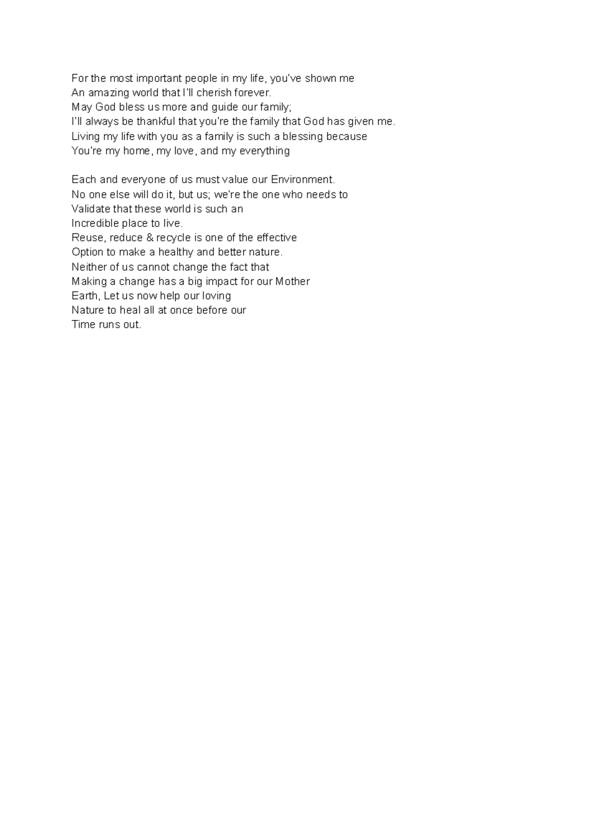 Acrostic Poem - Poem7 - For the most important people in my life, you ...