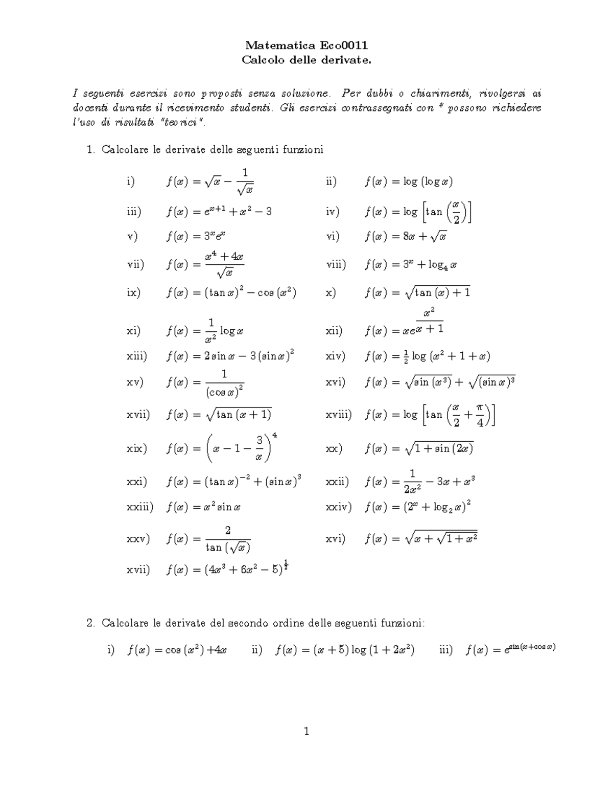 07 Calcolo delle derivate - Matematica Eco Calcolo delle derivate. I ...