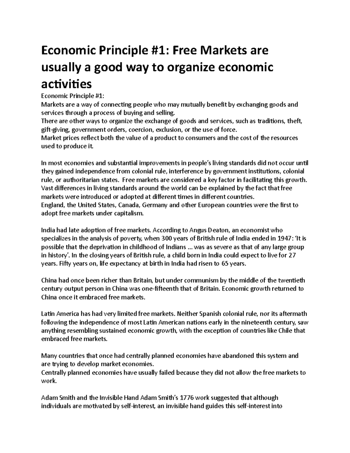 Econ mid term summary - Economic Principle #1: Free Markets are usually ...