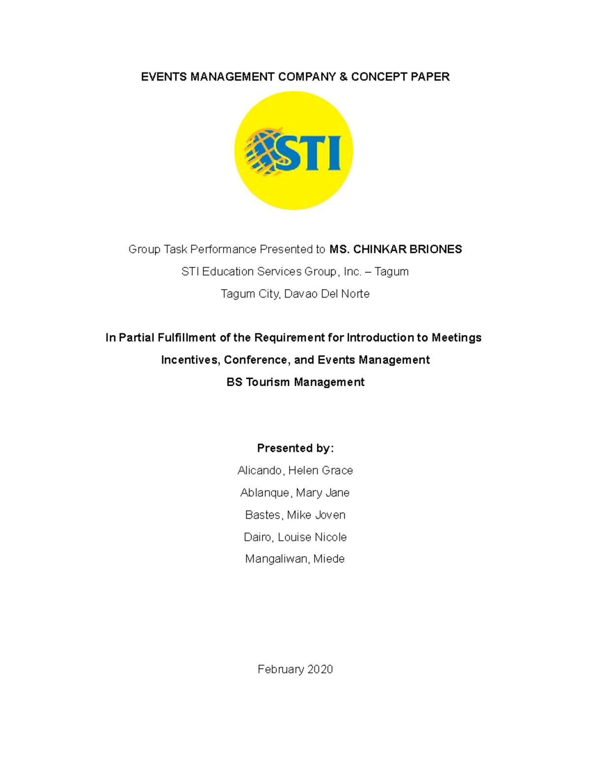 Laboratory-Activity-1 - EVENTS MANAGEMENT COMPANY & CONCEPT PAPER Group ...