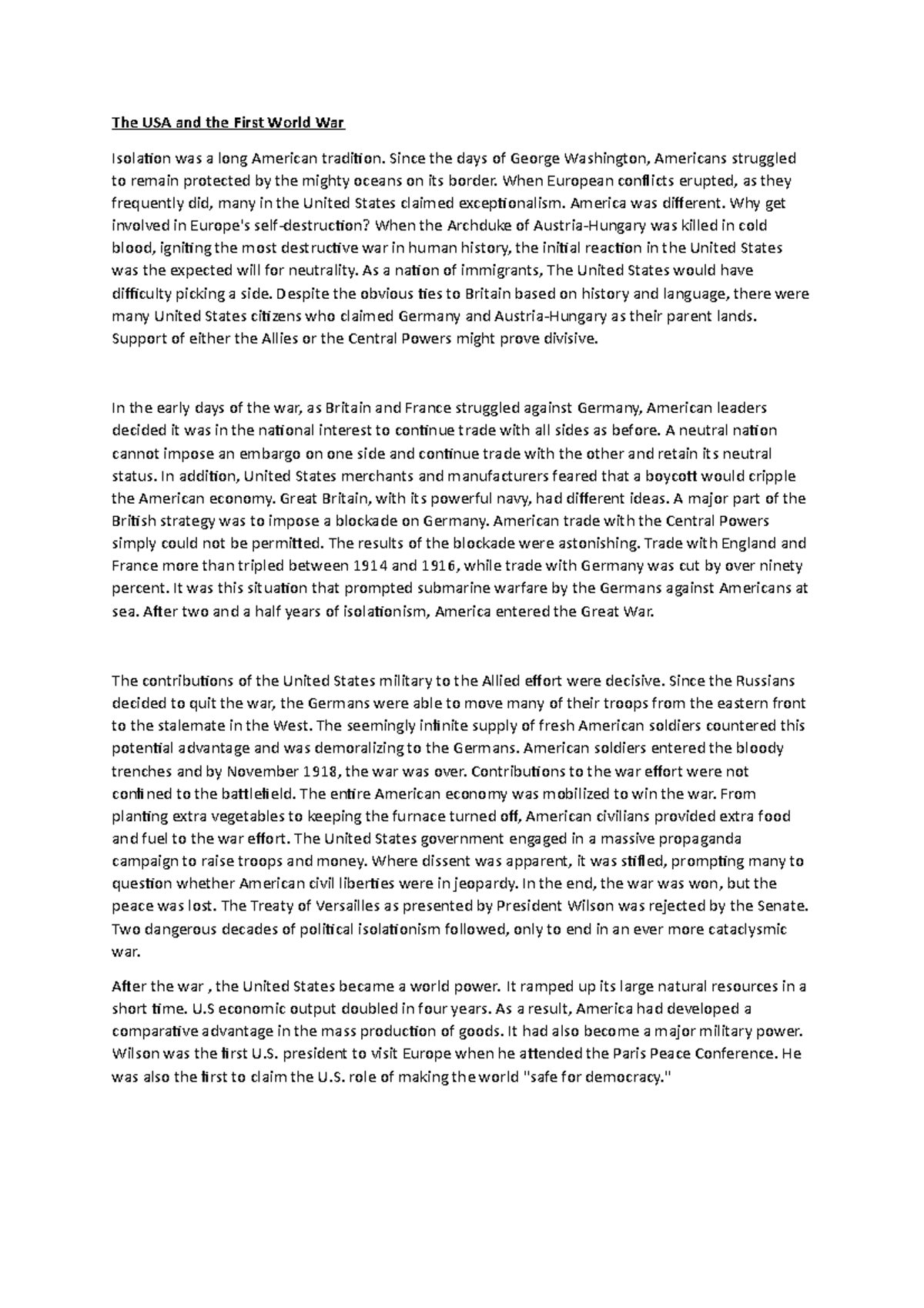 2.USA and ww1 - yaya - The USA and the First World War Isolation was a ...