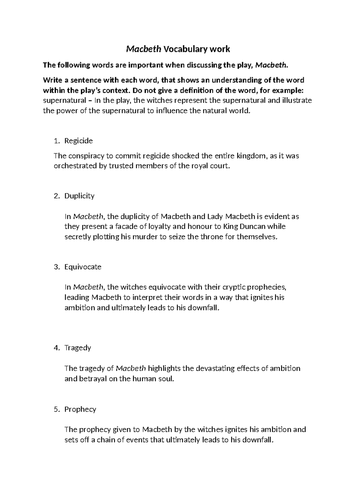 Vocabulary work - study notes for revision and examples - Macbeth ...