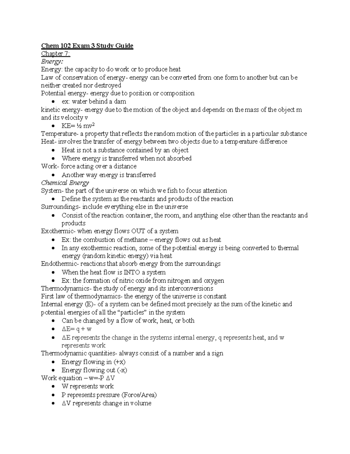 Exam 3 study guide - Chem 102 Exam 3 Study Guide Chapter 7: Energy ...