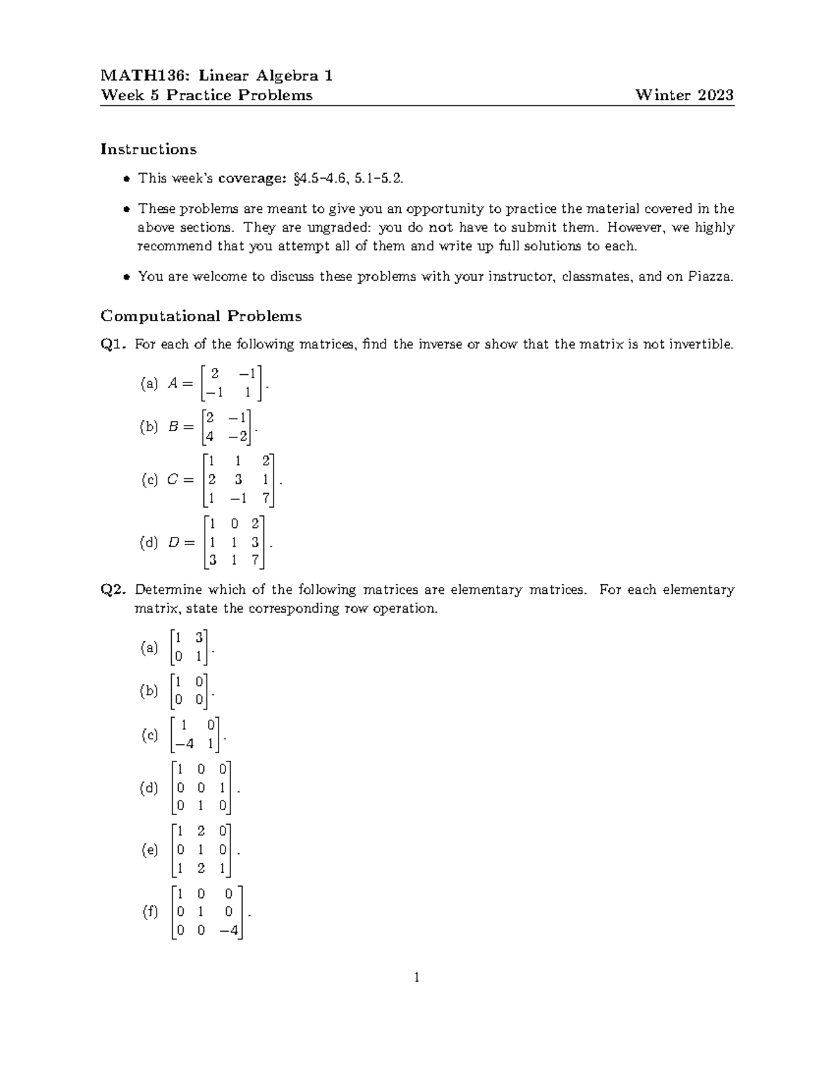 Practice Problems Week 5 - MATH136: Linear Algebra 1 Week 5 Practice ...