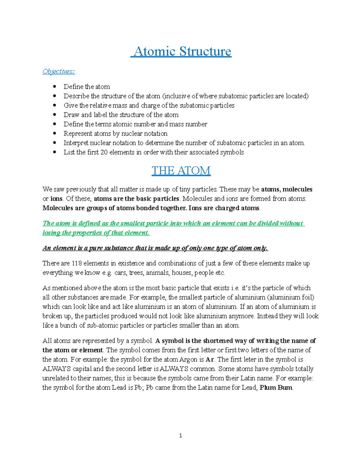 Atomic Structure - Lecture notes 1 - Atomic Structure Objectives ...