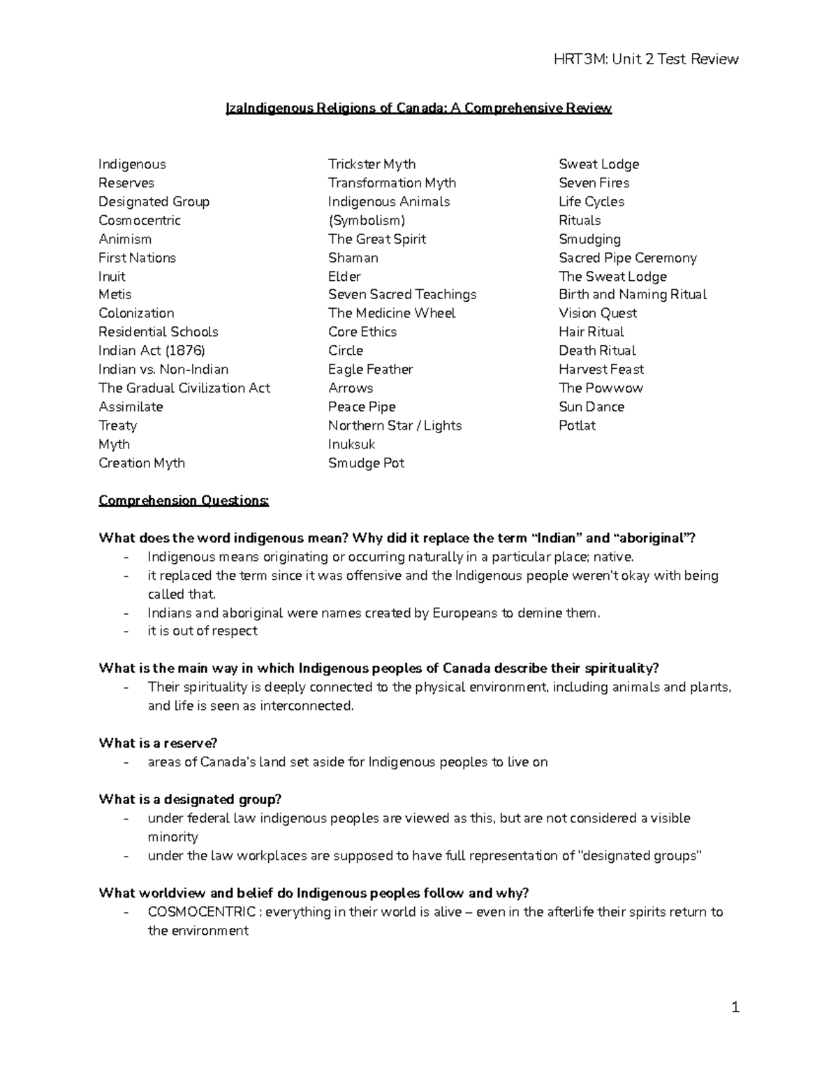 HRT3M.Unit2Test Review.docx - Google Docs - |zaIndigenous Religions of ...