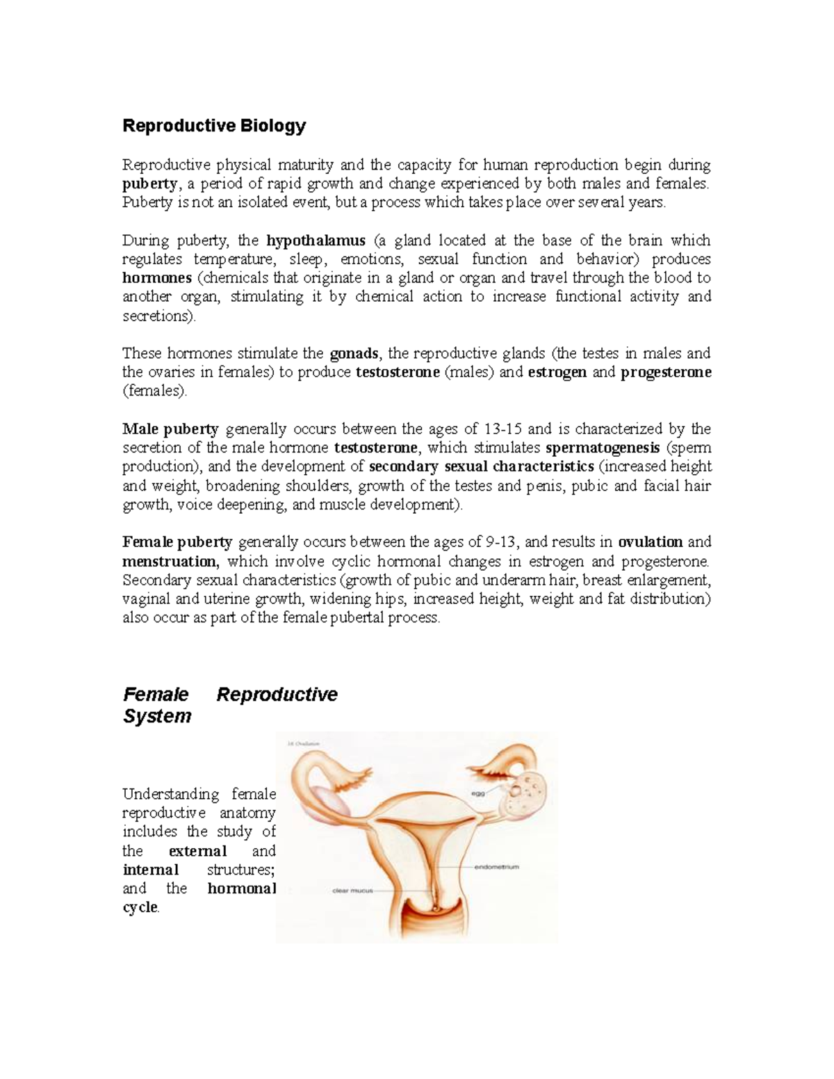 Reproductive System notes - Reproductive Biology Reproductive physical ...