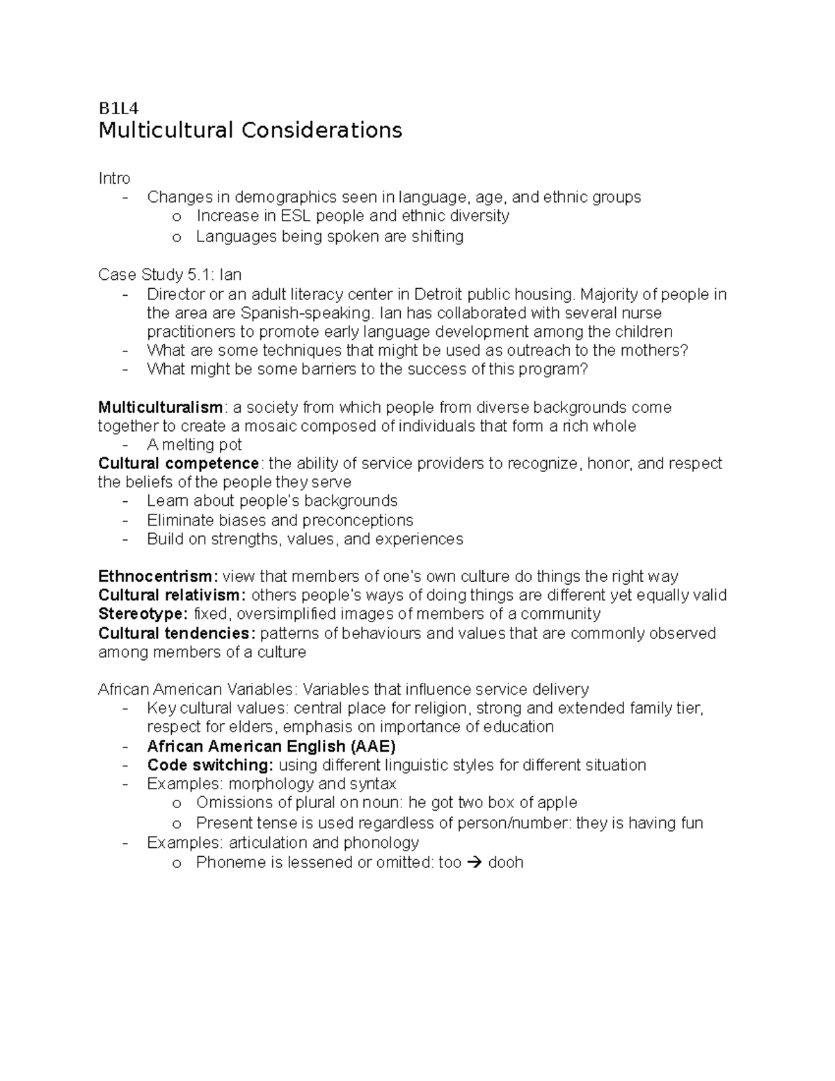 CSD 200 - B1L4 - Summary Introduction to Communication Sciences & Disorders - B1L4 Multicultural ...