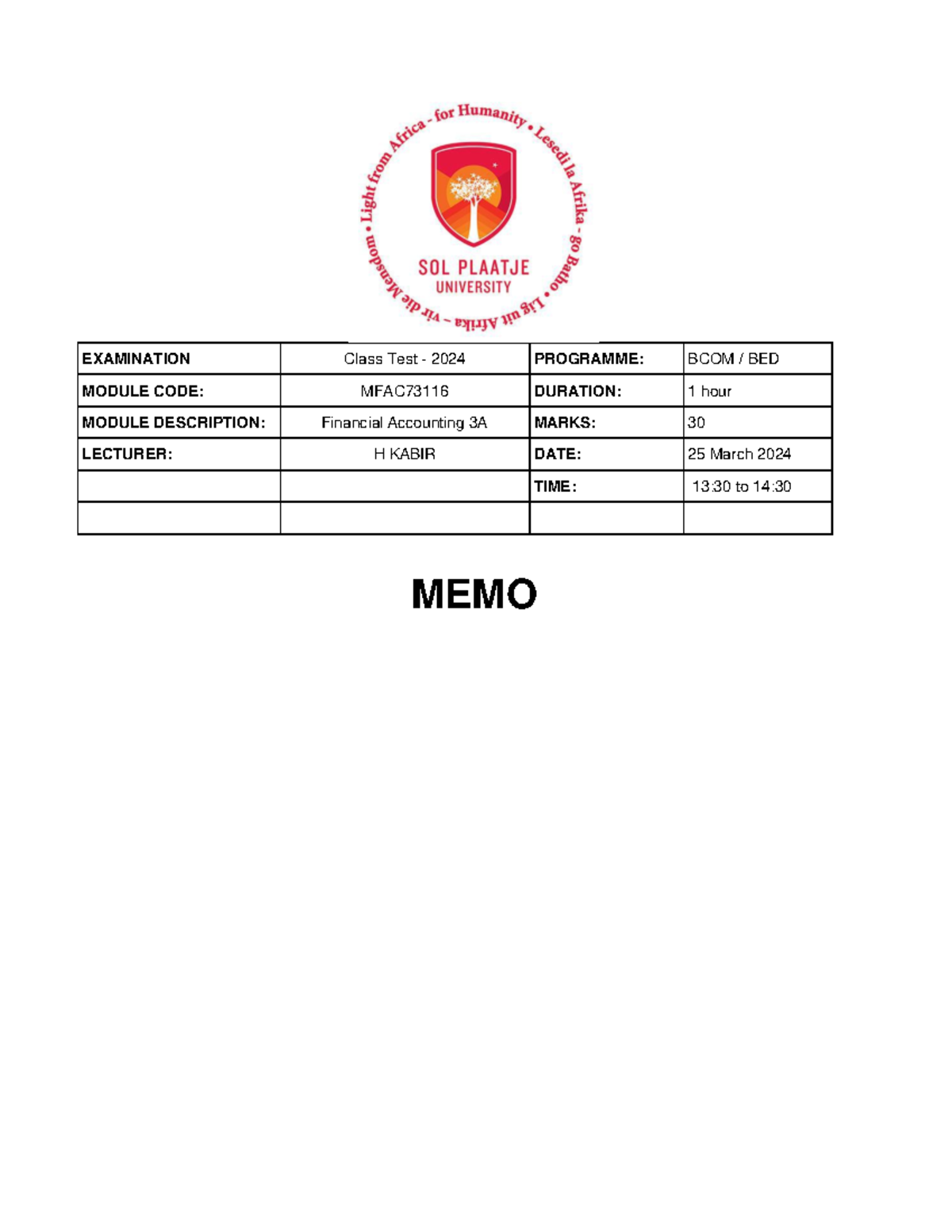 Memo - Class Test Fin Acct 3A - 2024 - EXAMINATION Class Test - 2024 ...
