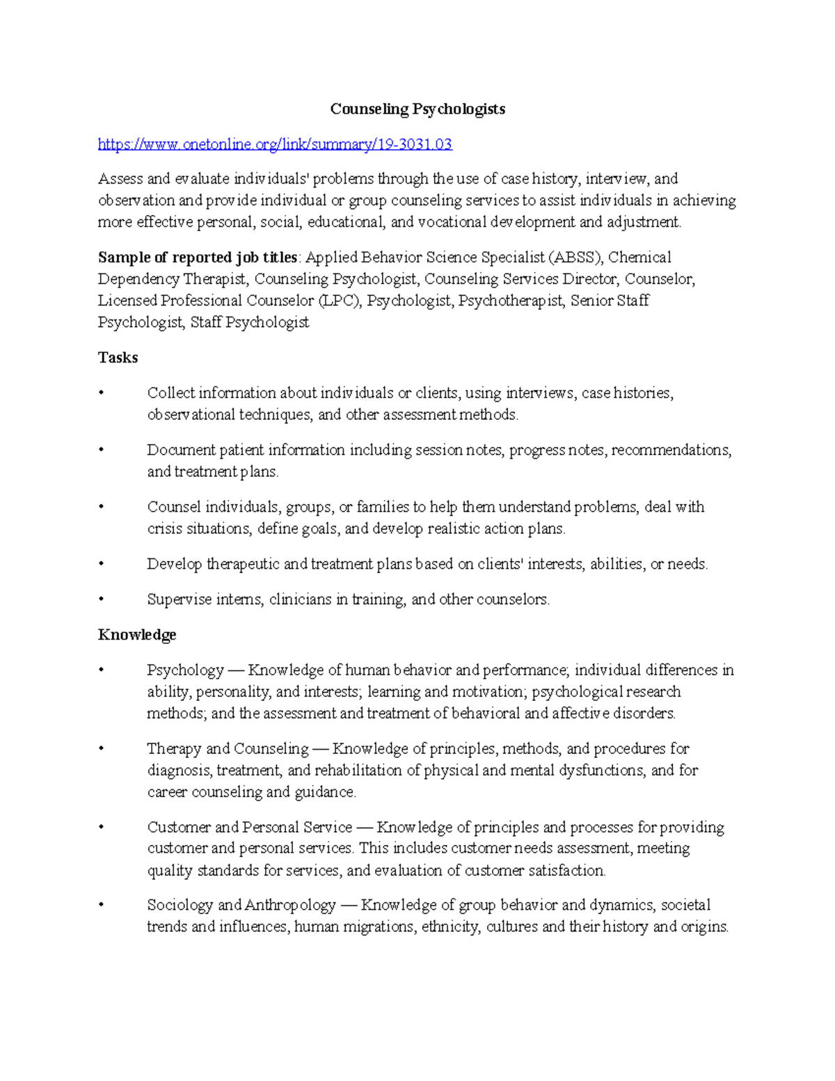 Counseling Psychologist 1 - Counseling Psychologists onetonline/link ...