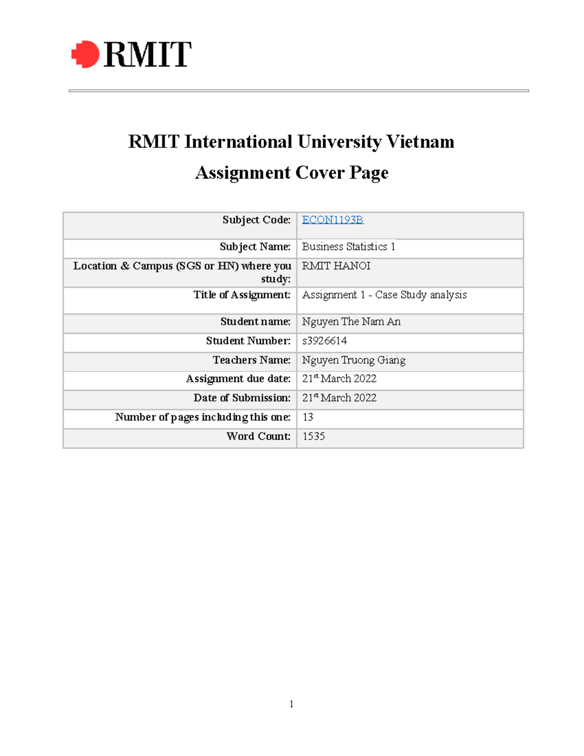 ECON1193- Assignment 1 Nguyen The Nam An-s3926614 - RMIT International ...