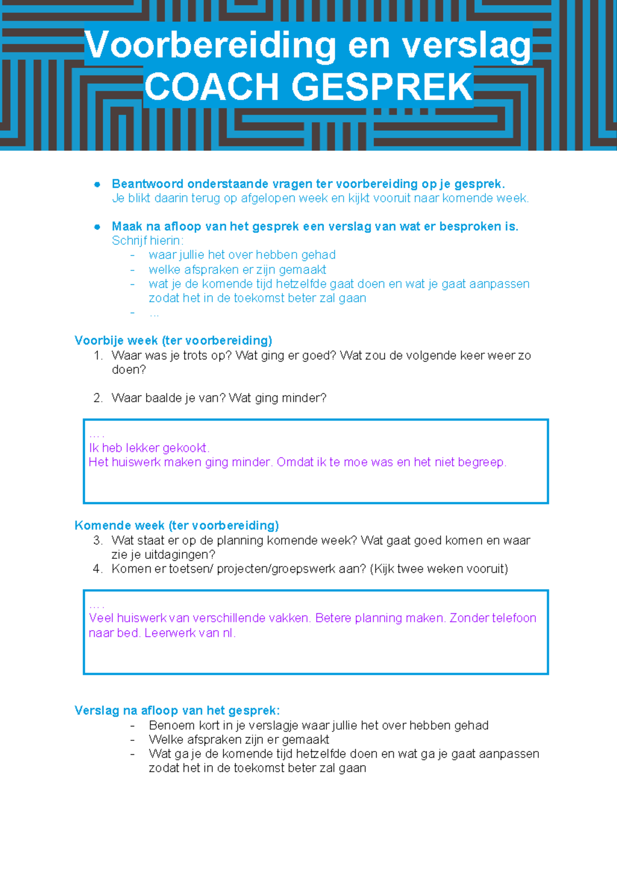 Kopie van Voorbereiding en verslag Coach Gesprek - Voorbereiding en ...
