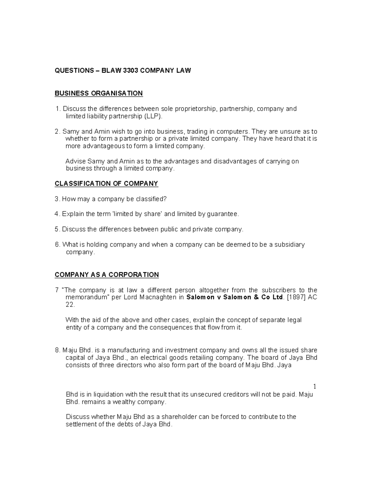 Tutorial Questions BLAW 3303 - QUESTIONS – BLAW 3303 COMPANY LAW ...