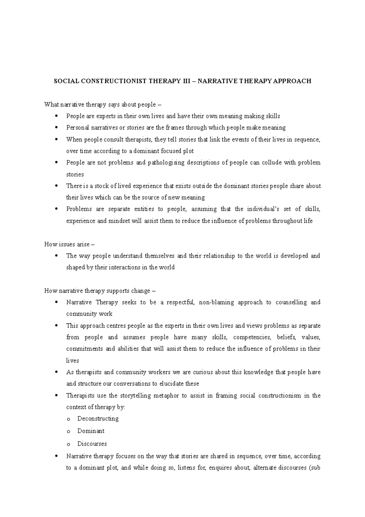 10 - Lecture notes 10 - SOCIAL CONSTRUCTIONIST THERAPY III – NARRATIVE ...