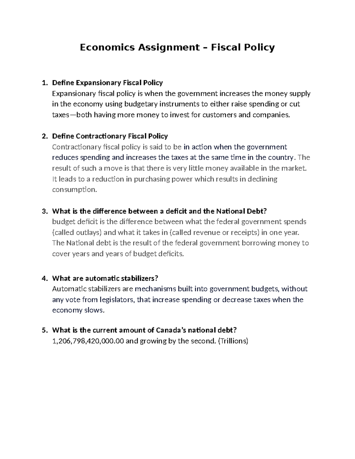 Economics Assignment – Fiscal Policy - Economics Assignment – Fiscal ...