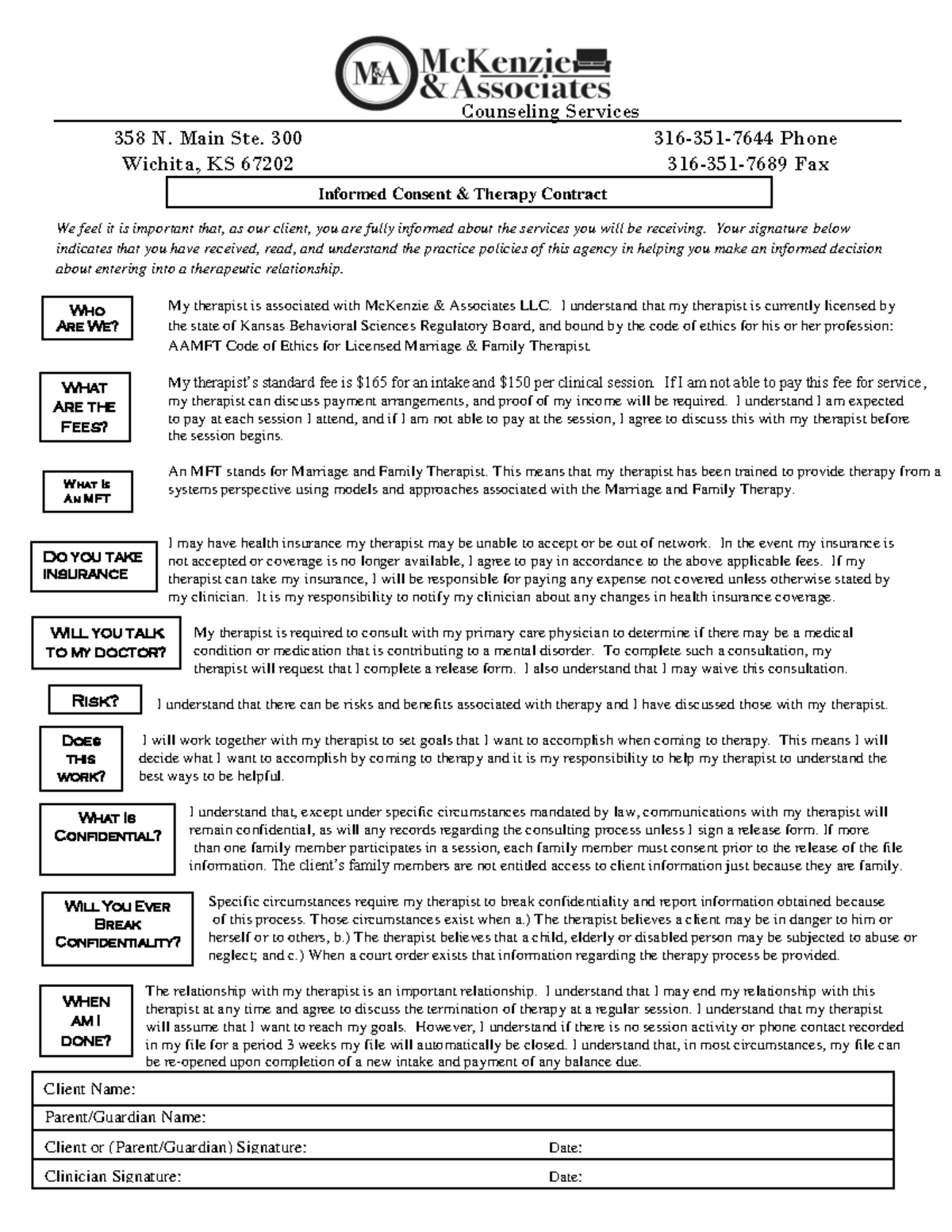 New Client Paperwork - 358 N. Main Ste. 300 316 - 351 - 7644 Phone ...