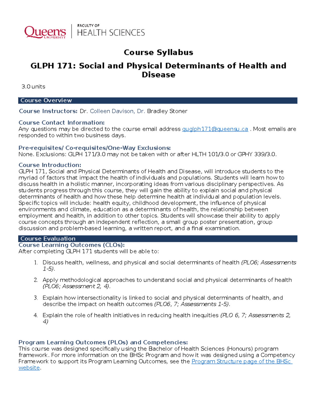 GLPH 171 Syllabus W24 (revised Dec. 2023) - Course Syllabus GLPH 171 ...