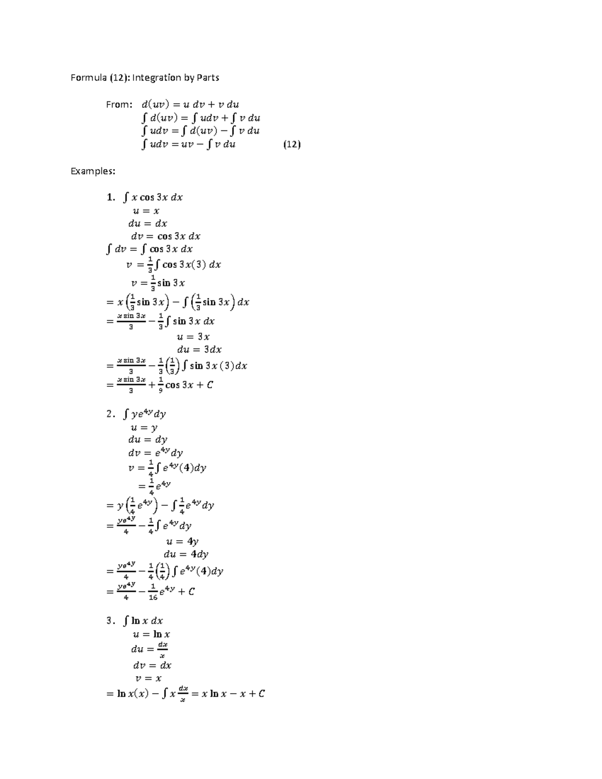 Integration-by-parts - Formula (12): Integration by Parts From: 𝑑(𝑢𝑣 ...