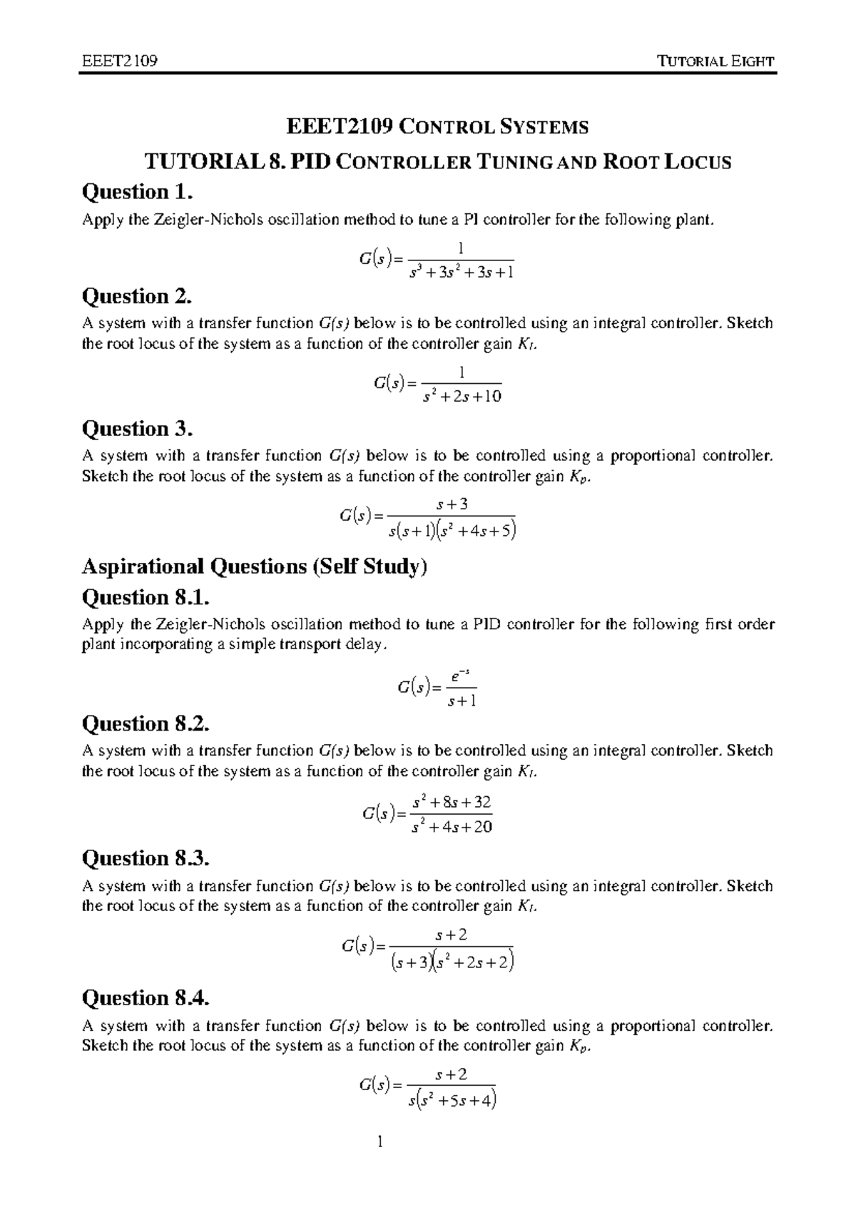 EEET2109 Tute8 2024 - Lectorial - EEET2109 TUTORIAL EIGHT 1 EEET2 109 CONTROL SYSTEMS TUTORIAL 8 ...