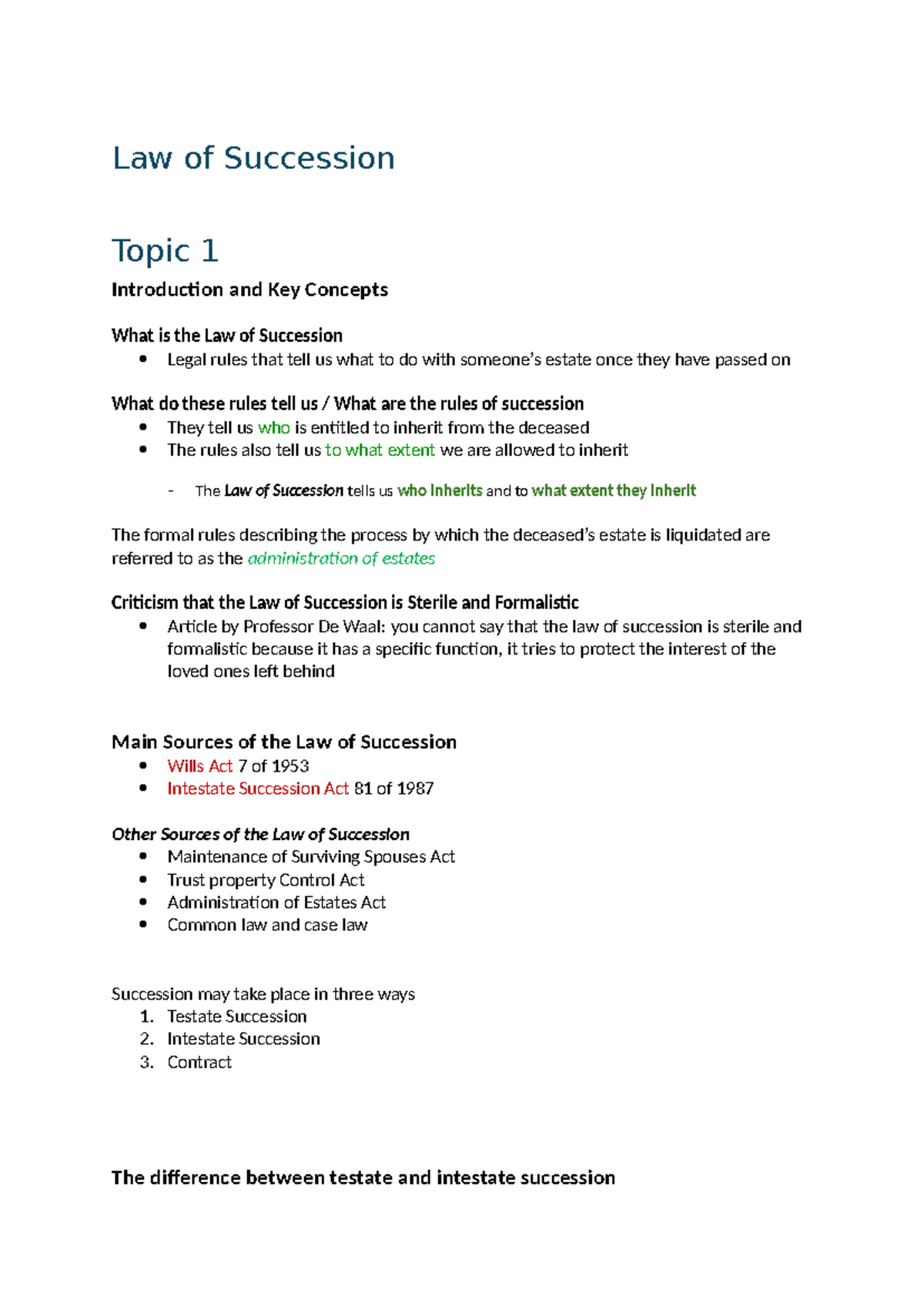 Law of Succession Notes - Testate Succession 2. Intestate Succession 3 ...