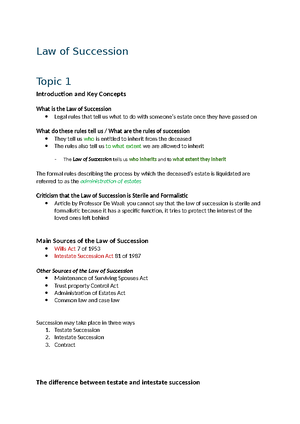 Law of Succession 214 - ,Law of Succession 214: Lecture 1 12. Brief ...