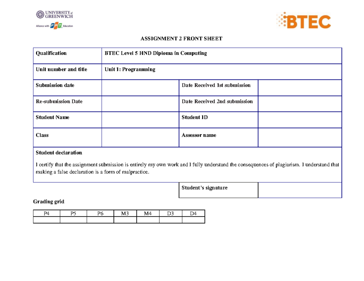 1 Unit 1 Assignment 2 7388 Frontsheet Assignment 2 Front Sheet Qualification Btec Level 5
