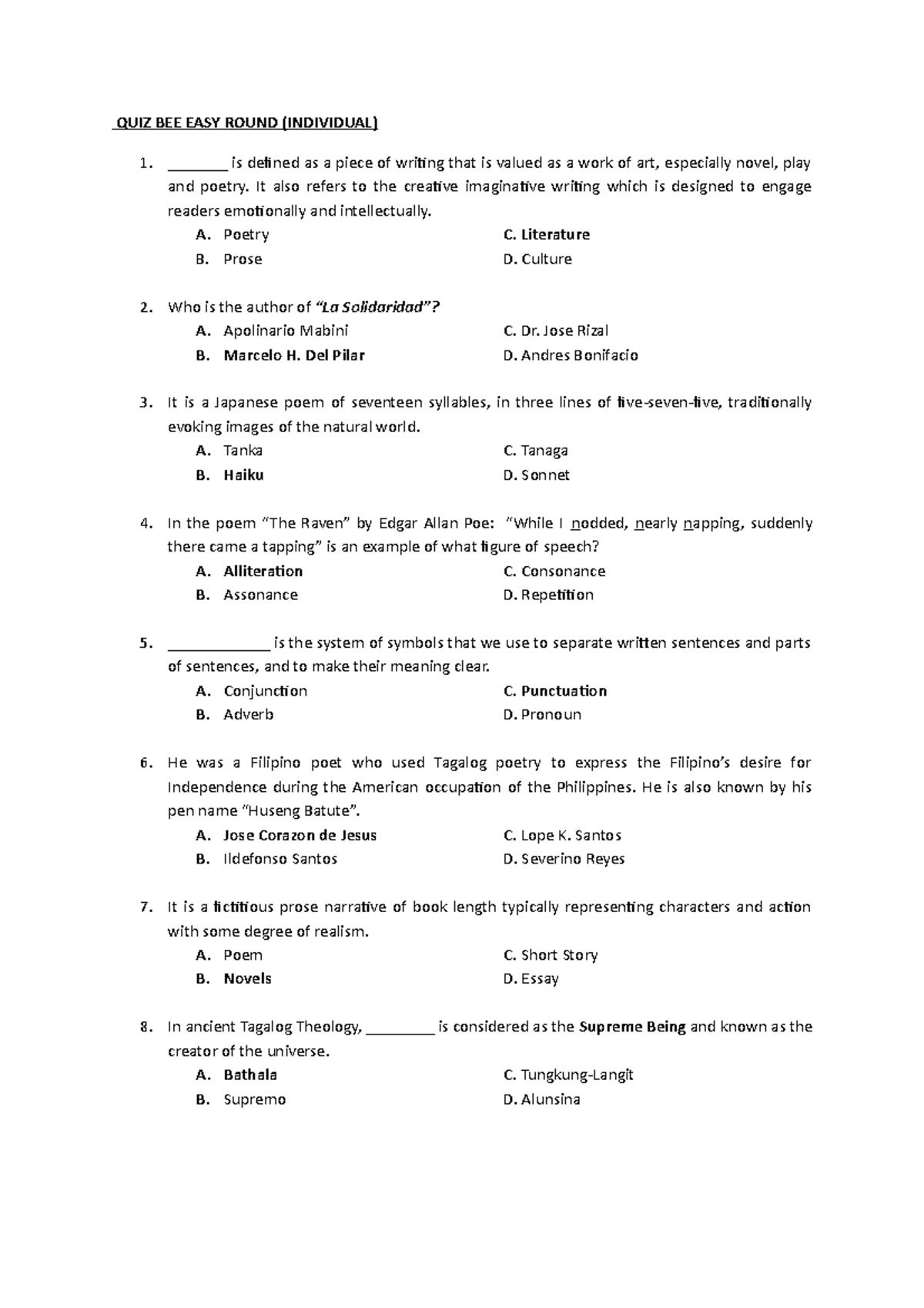 QUIZ BEE EASY Round - Kind of notes - QUIZ BEE EASY ROUND (INDIVIDUAL ...