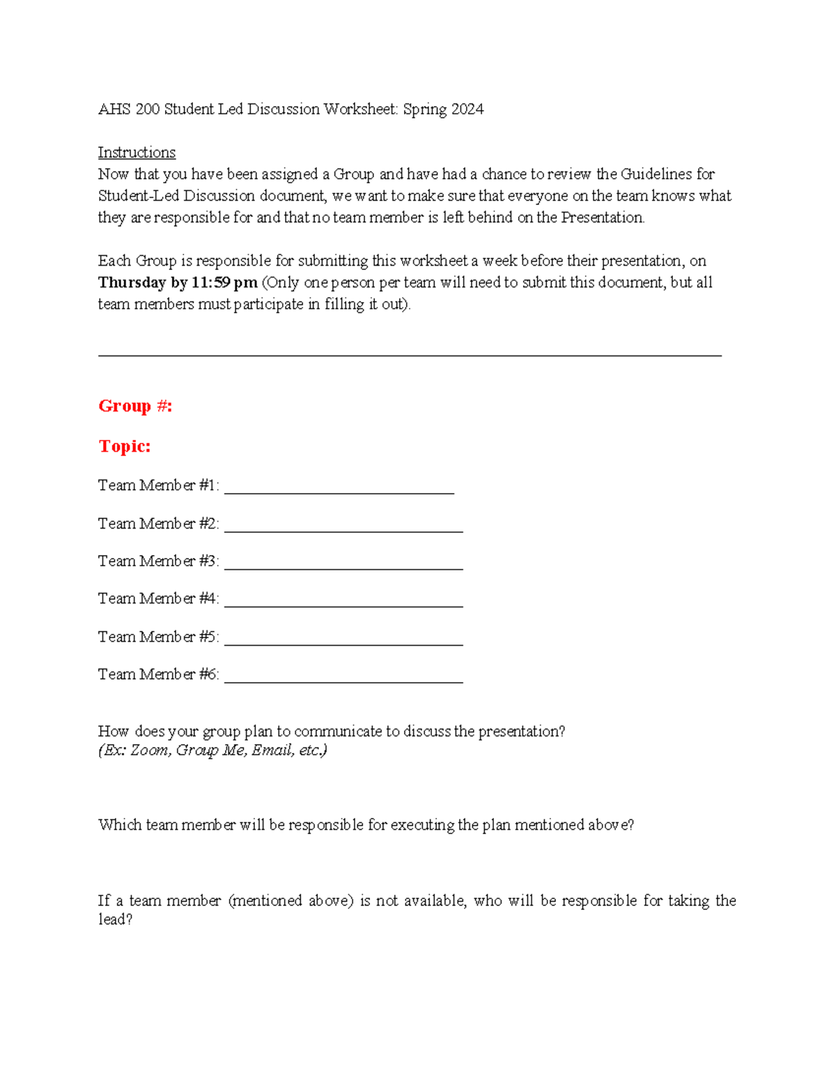 AHS 200 Student Led Discussion Worksheet Spring 2024 - AHS 200 Student ...