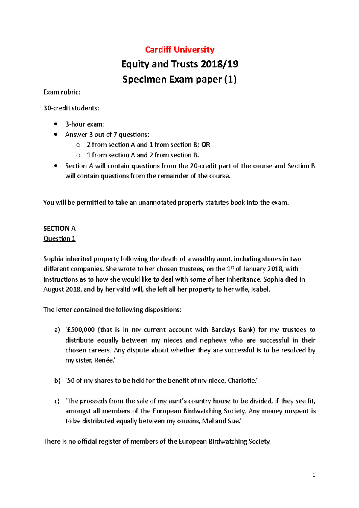 Specimen exam paper (1) 2018 30 credit - Cardiff University Equity and ...