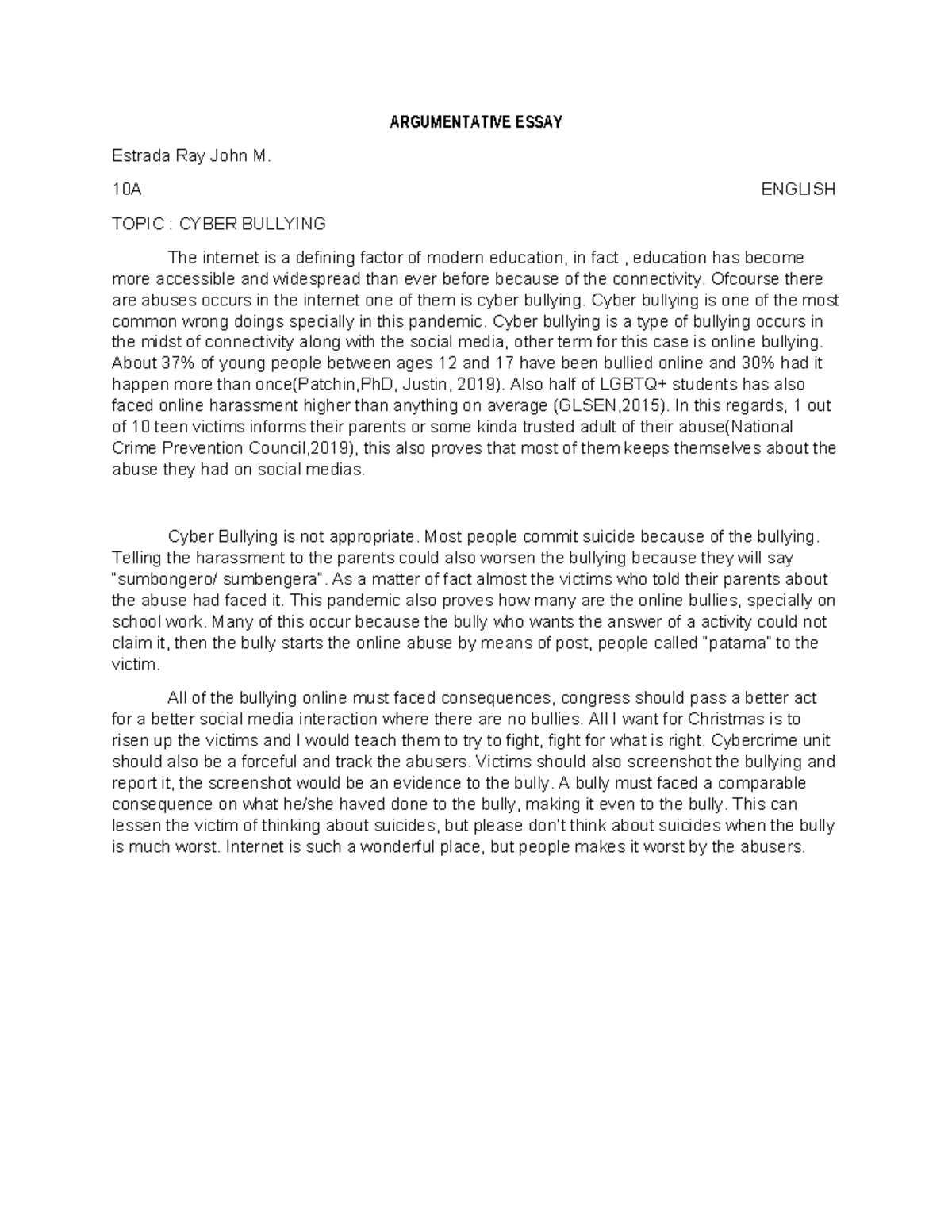 Argumentative Essay - ARGUMENTATIVE ESSAY Estrada Ray John M. 10A ...