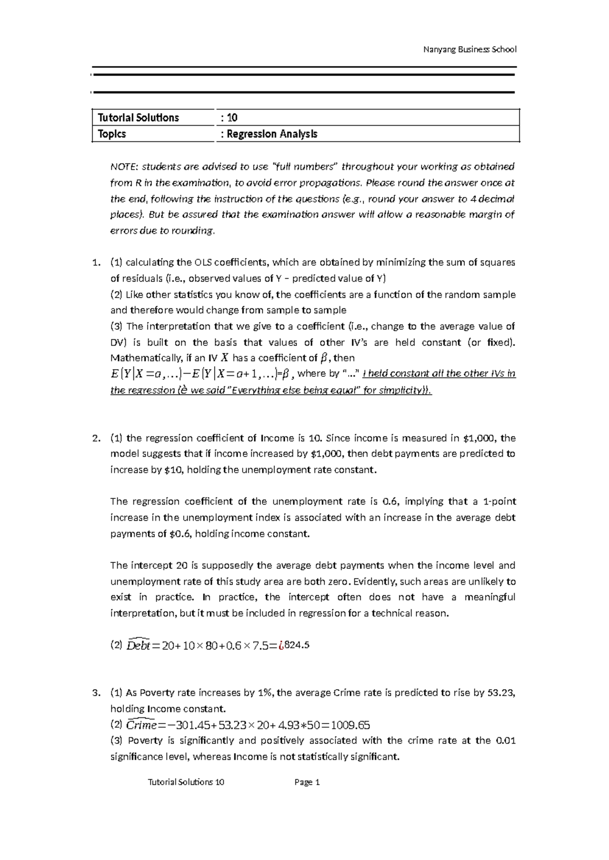 Solutions Week 10 Tutorial N Answer Tutorial Solutions 10 Topics Regression Analysis