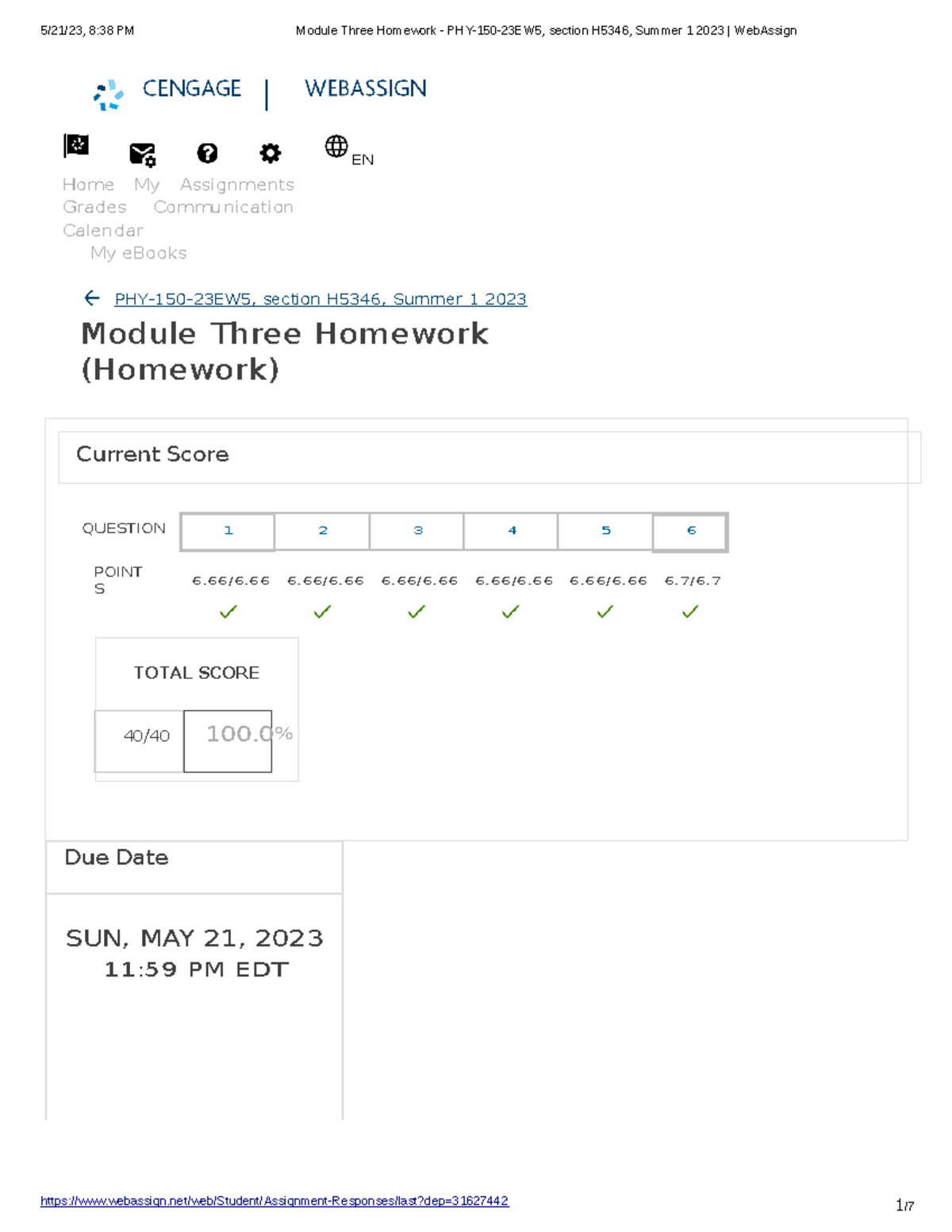 Module Three Homework - PHY-150-23EW5, section H5346, Summer 1 2023 Web Assign - 66/6 6.66/6 6. ...