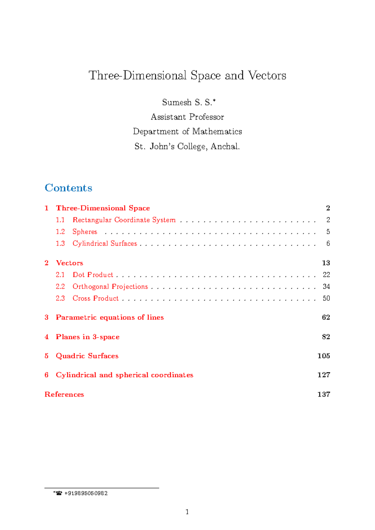 Three dimension - Summary Bsc Mathematics - Three-Dimensional Space and Vectors Sumesh S. S.∗ ...