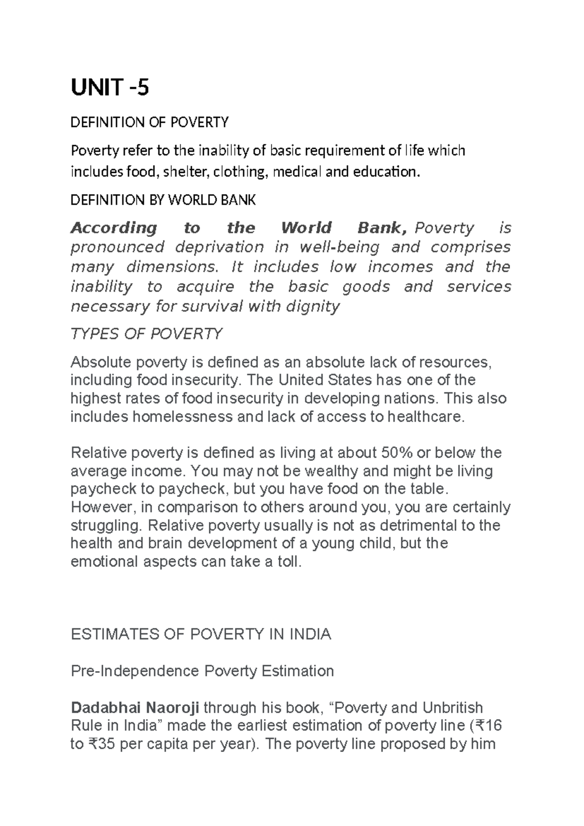 ECO UNIT 5 - Very easy notes - UNIT - DEFINITION OF POVERTY Poverty ...