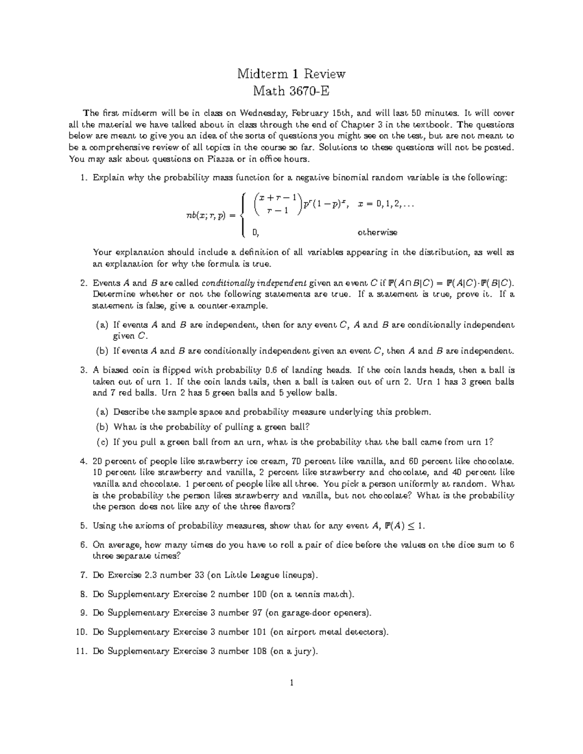 SP17 Midterm 1 Question Bank - Midterm 1 Review Math 3670-E The first ...