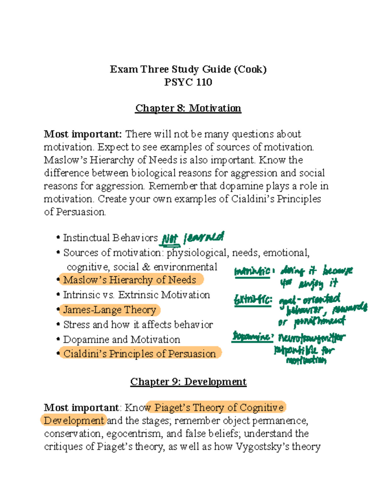 Exam+Three+Study+Guide - Exam Three Study Guide (Cook) PSYC 110 Chapter ...